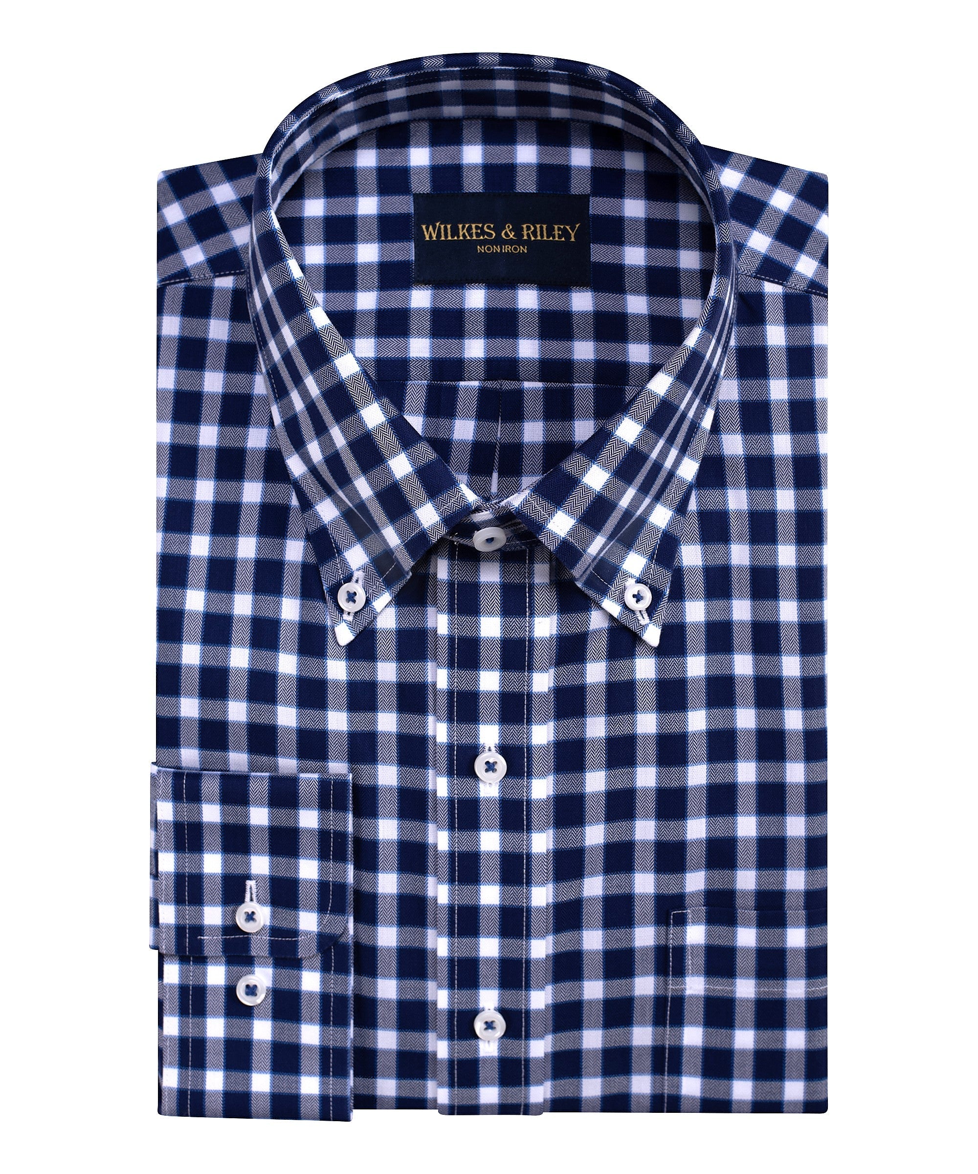 Navy Herringbone Check Button-Down Non-Iron Sport Shirt – Wilkes ...